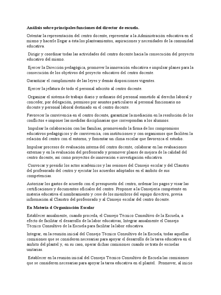 Analisis Sobre Principales Funciones Del Director de Escuela | PDF ...