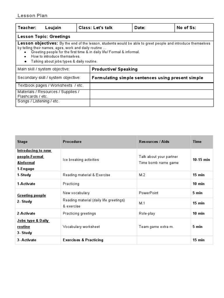 1-Lesson Plan - Greetings | PDF