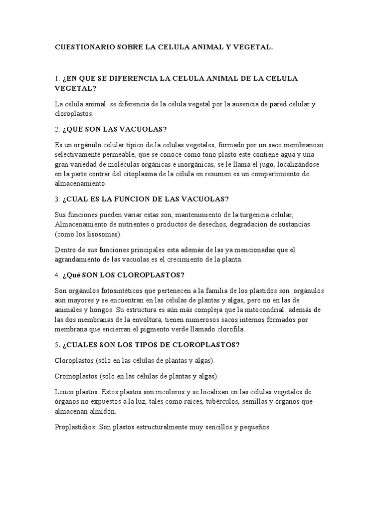 Cuestionario Sobre La Celula Animal y Vegetal | PDF | Cloroplasto ...