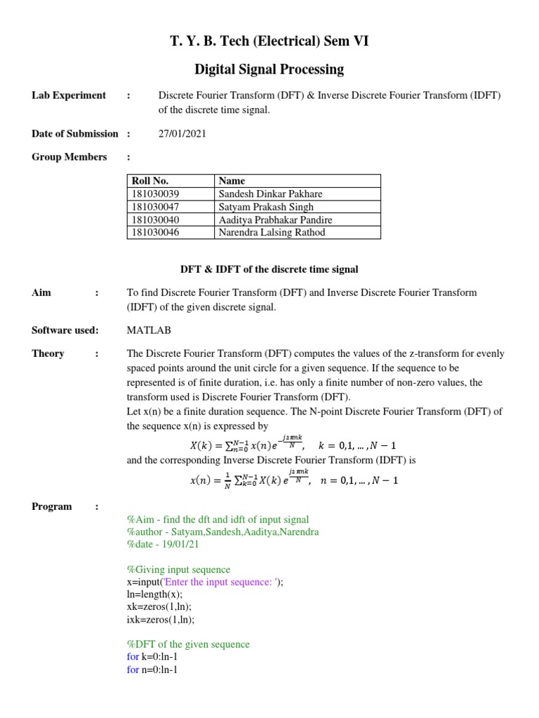 T. Y. B. Tech (Electrical) Sem VI Digital Signal Processing: Lab Experiment | PDF | Discrete ...