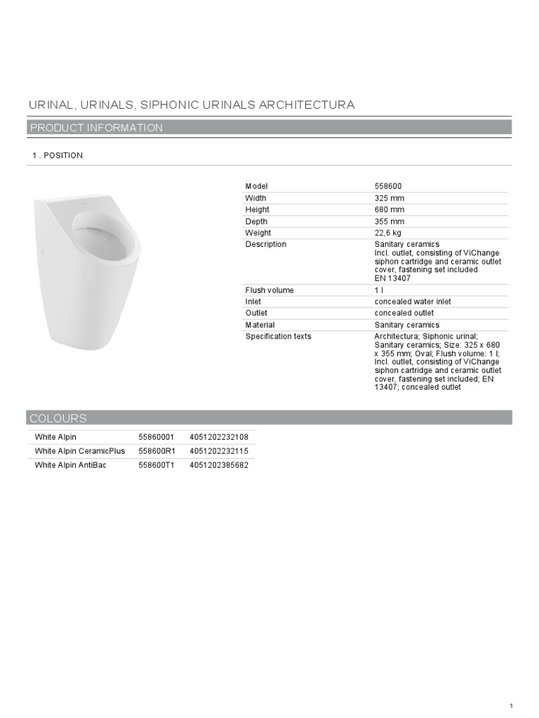 Urinal, Urinals, Siphonic Urinals Architectura: Product Information | PDF
