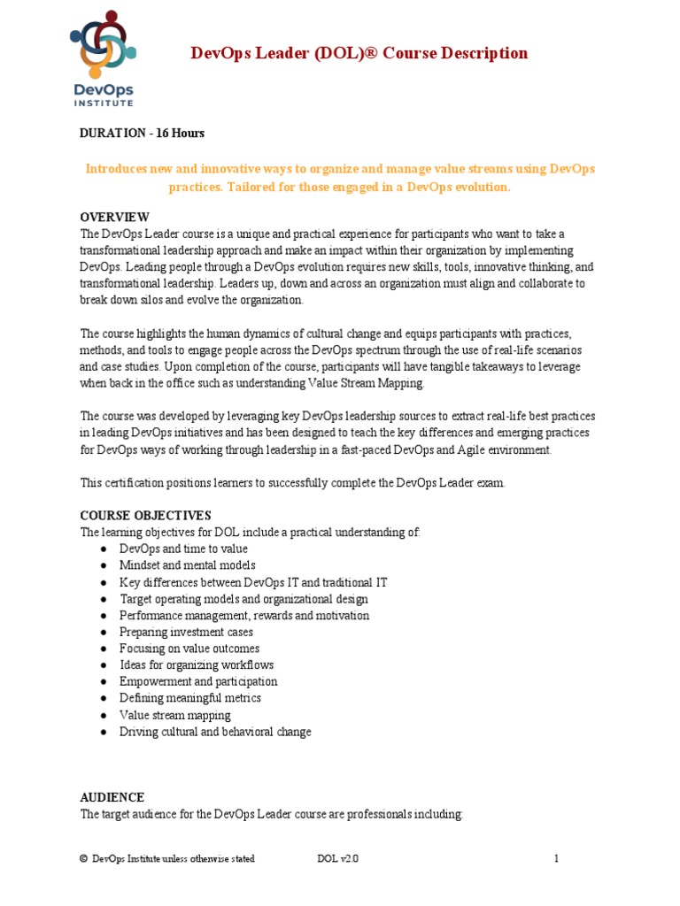 Devops Leader (Dol) ® Course Description | PDF | Transformational Leadership | Leadership
