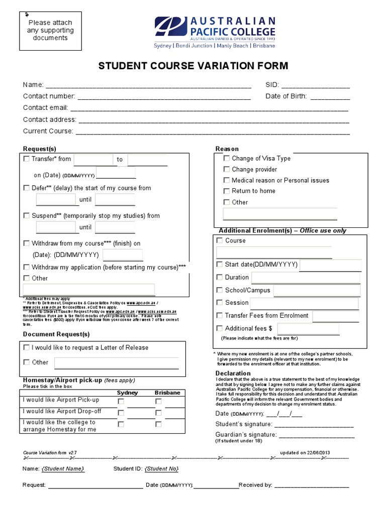 Student Course Variation Form: Please Attach Any Supporting Documents ...