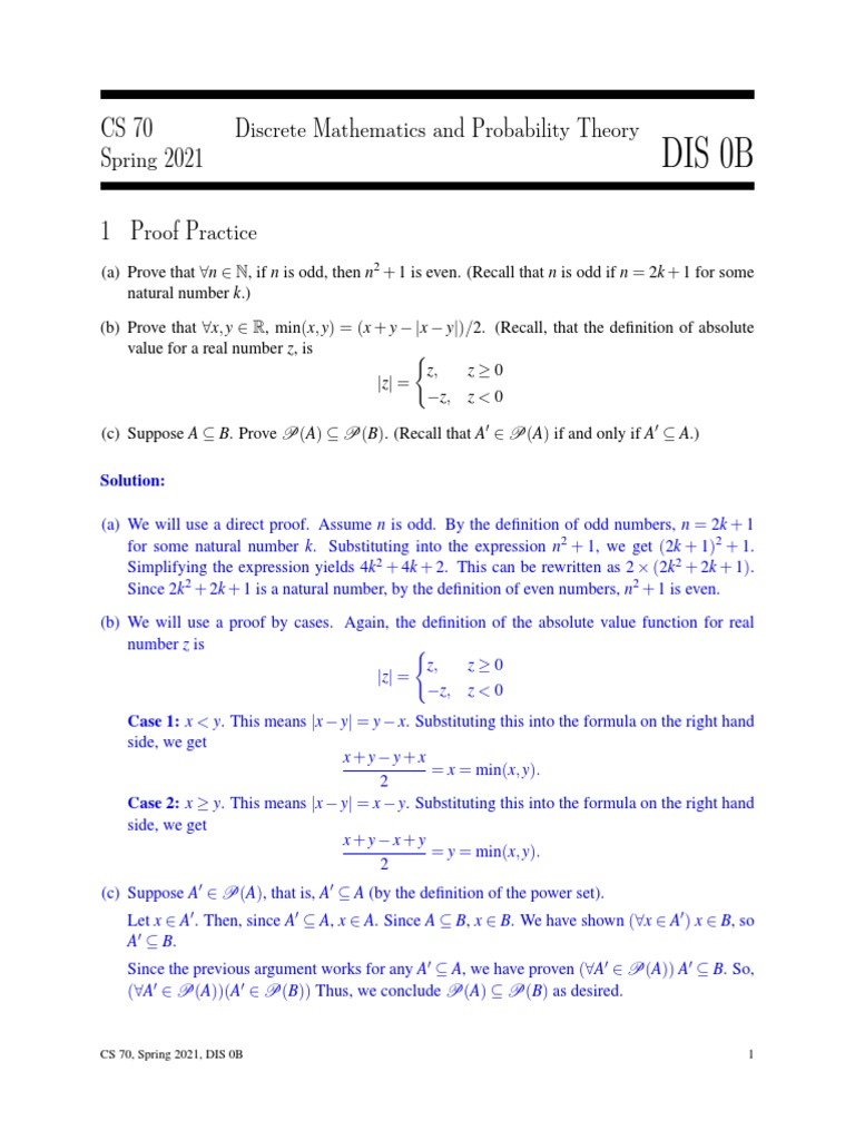 Dis 0B: CS 70 Discrete Mathematics and Probability Theory Spring 2021 | Download Free PDF ...