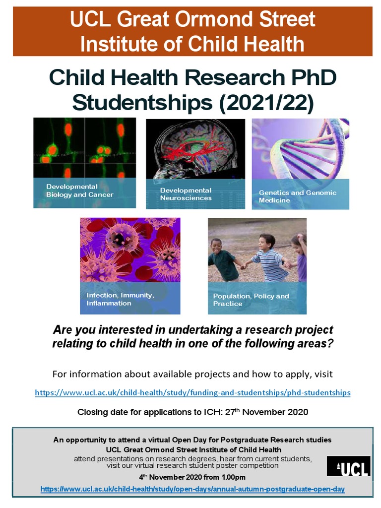 UCL GOS ICH Child Health Research PHD Studentships 2021-22 | PDF