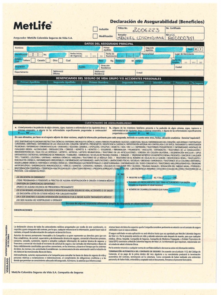 Ejemplo Diligenciamiento Metlife | PDF