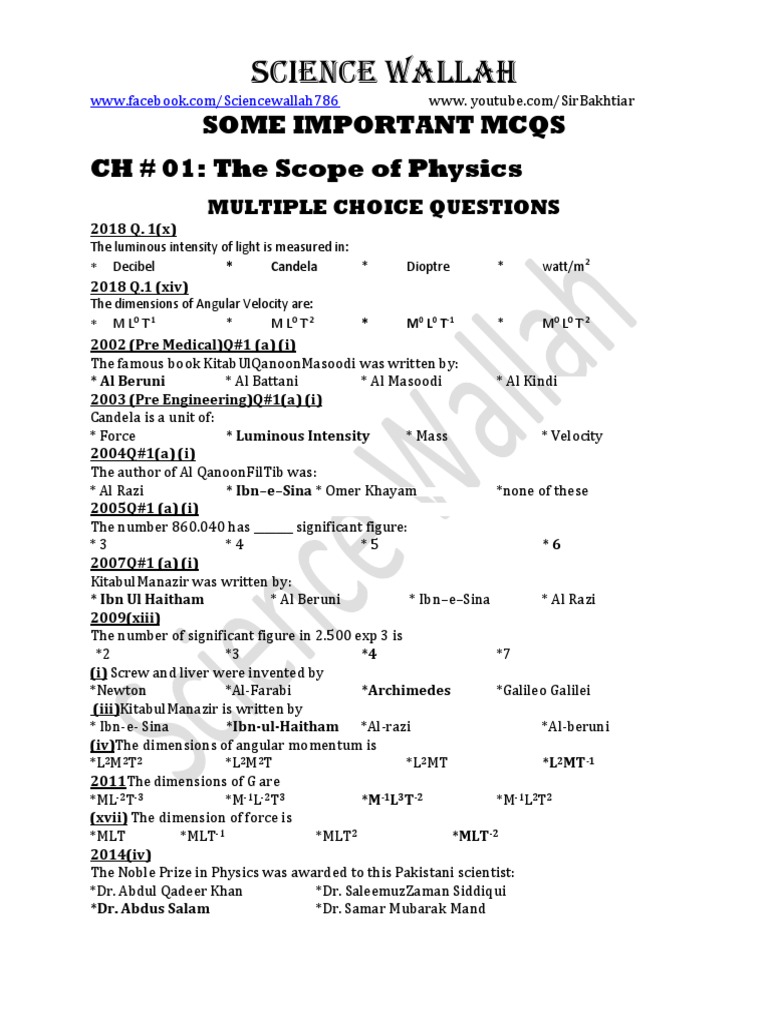 Science Wallah: Some Important Mcqs CH # 01: The Scope of Physics | PDF | Acceleration | Physics