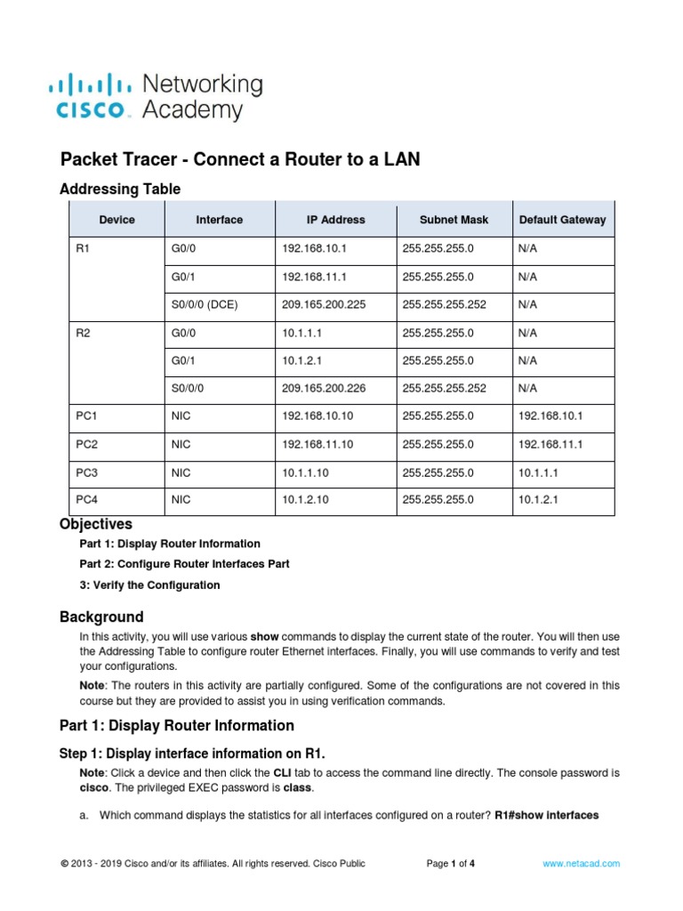 Packet Tracer - Connect A Router To A LAN: Addressing Table | PDF | Router (Computing) | Routing