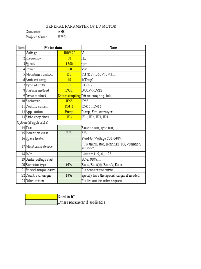General Parameter of LV Motor Customer ABC Project Name XYZ: Item Motor ...