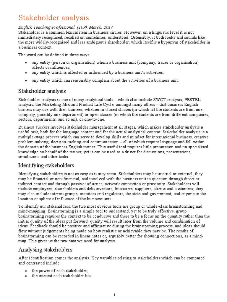 Stakeholder Analysis | PDF | Brainstorming | Stakeholder (Corporate)