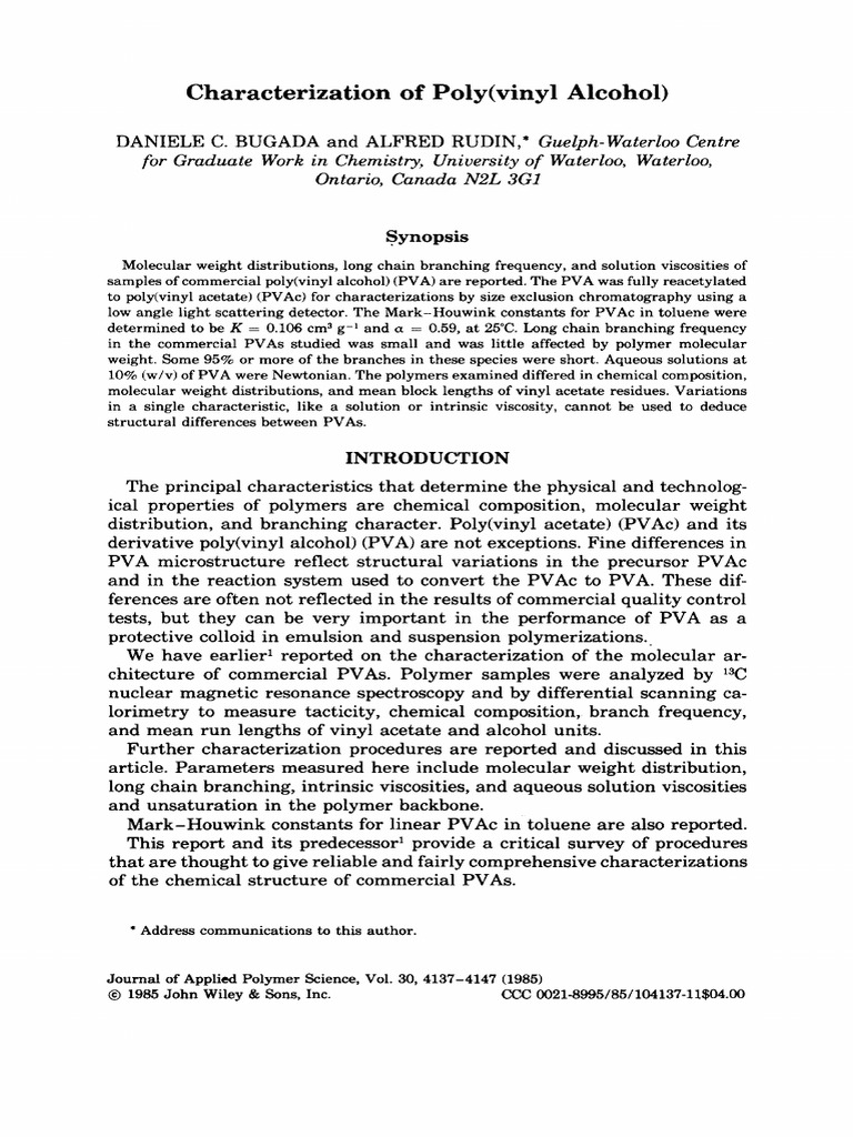Characterization of Poly(vinyl Alcohol) | PDF | Polymers | Applied And ...