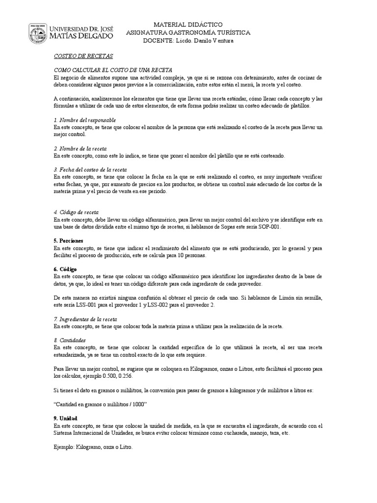 Calcular el costo de una receta: una guía paso a paso | PDF | Kilogramo ...
