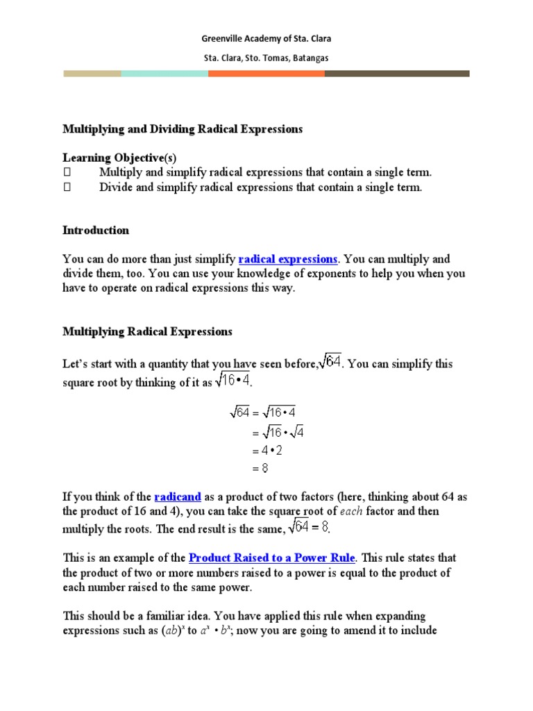 Multiplying and Dividing Radical Expressions | PDF | Equations ...