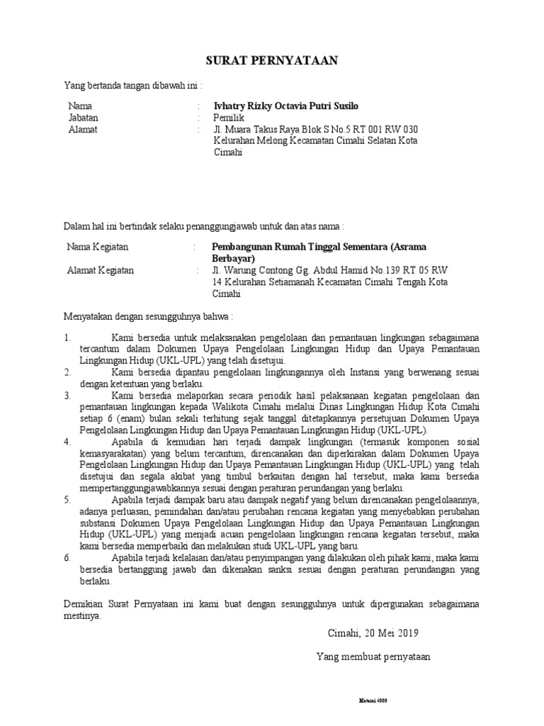 KOMITMEN PELAKSANAAN UKL-UPL | PDF