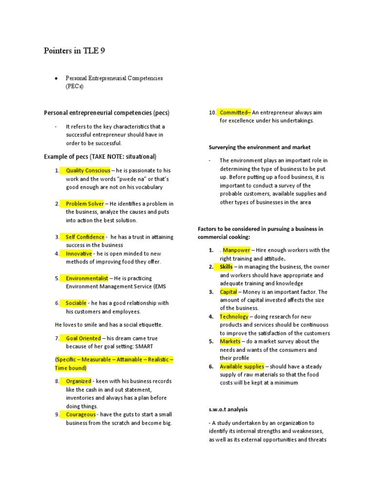 Pointers in TLE 9: Personal Entrepreneurial Competencies (Pecs) | PDF ...