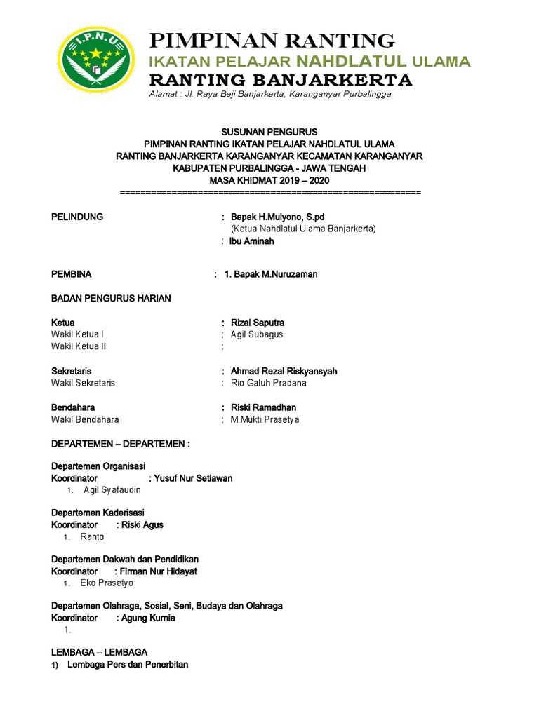 Susunan Pengurus PR IPNU | PDF