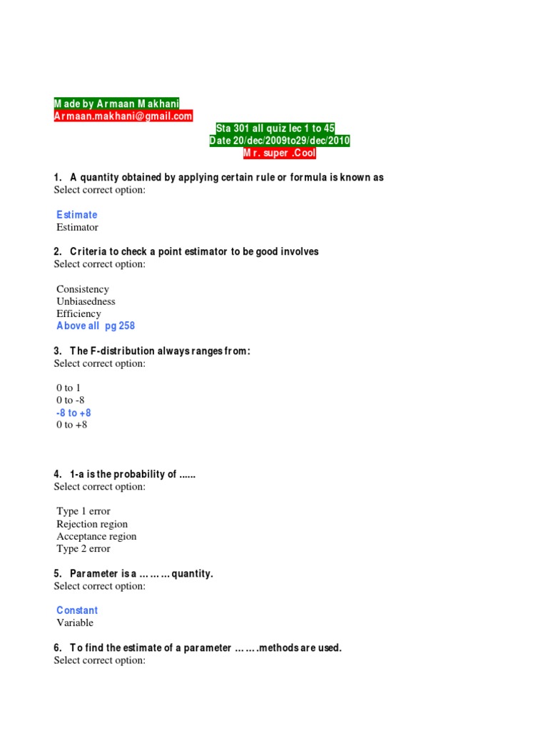 Sta 301 Lec 1 To 45 Mcqs | PDF