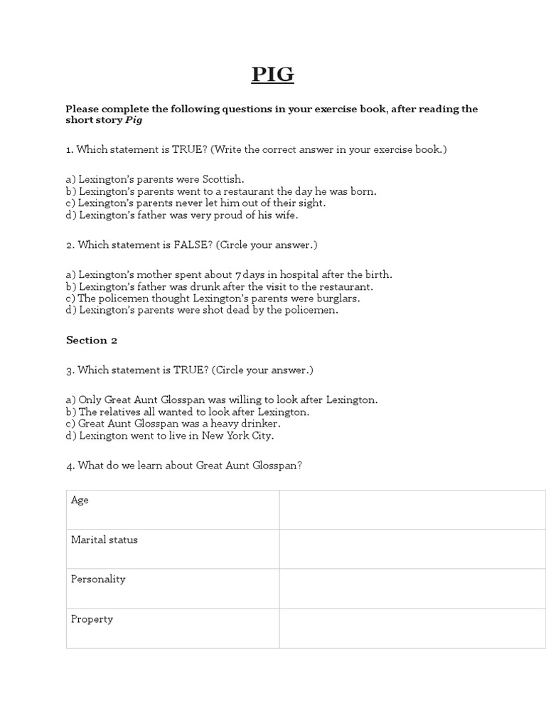 PIG Questions - Worksheet | PDF | Cooking, Food & Wine | Mystery ...