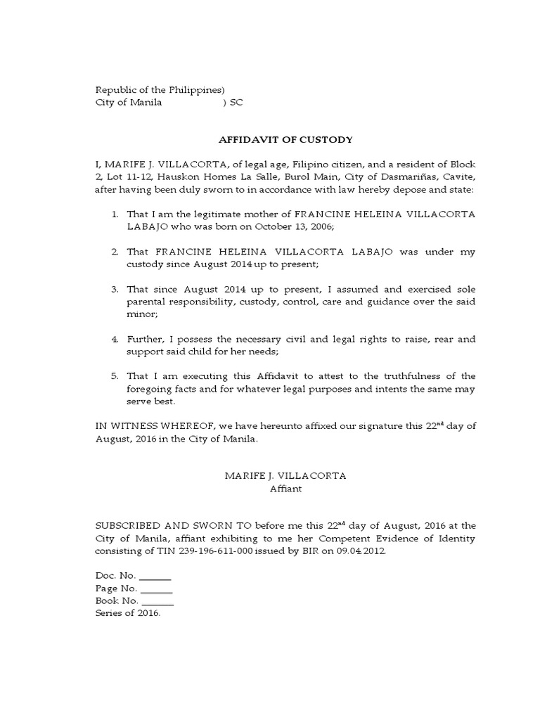 Affidavit of Custody | PDF