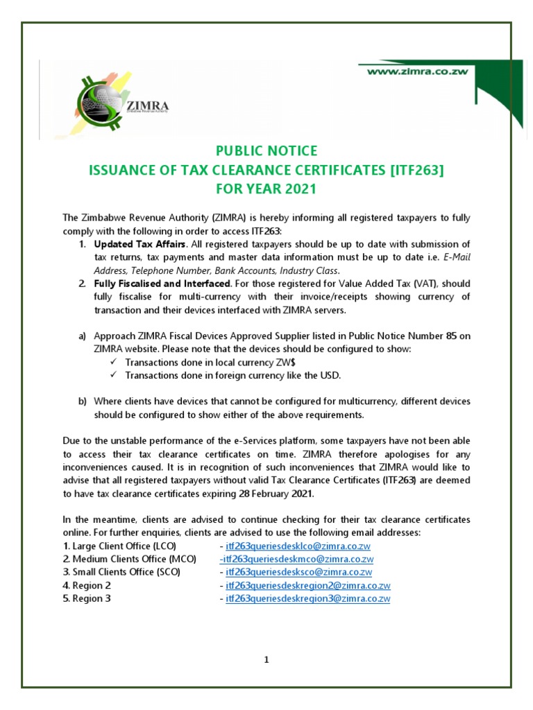 Public Notice 11 of 2021 Issuance of Tax Clearance Certificates ITF263 ...