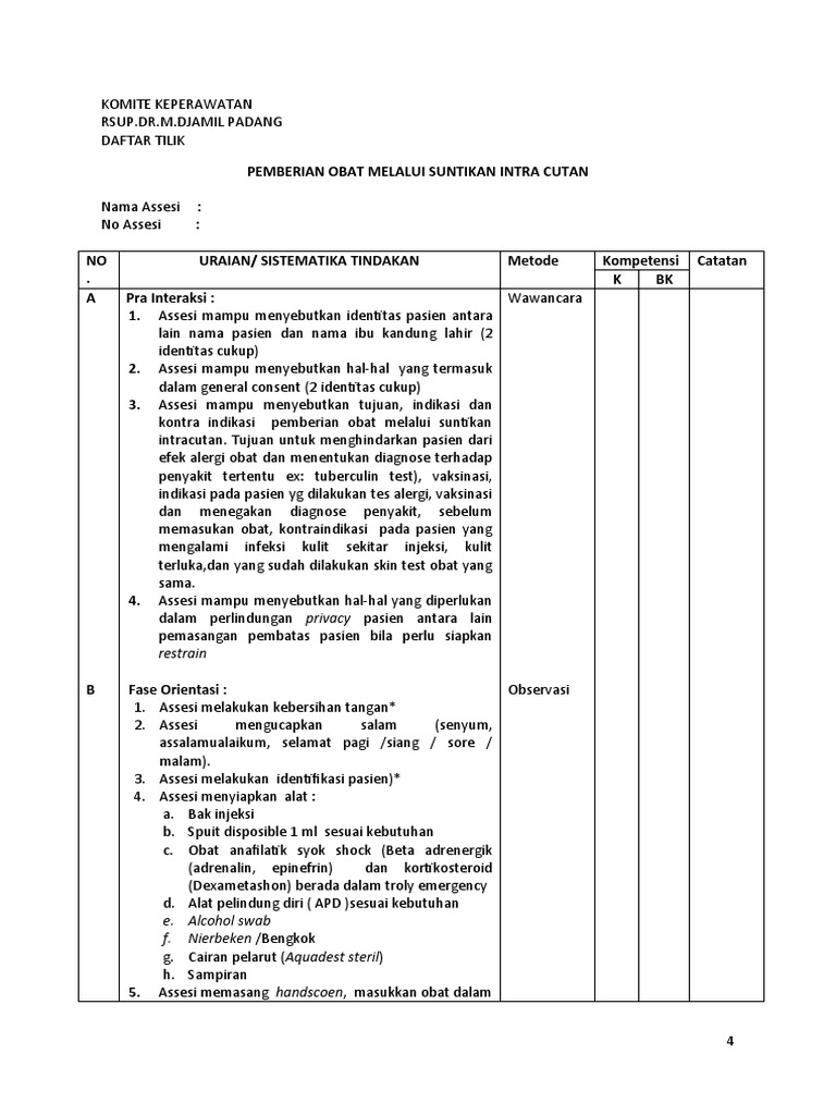 Daftar Tilik Intra Cutan. Assesi | PDF | Sains & Matematika