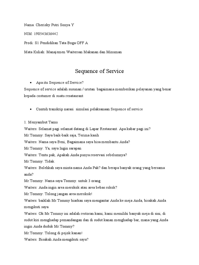 Panduan Sequence of Service Restoran | PDF