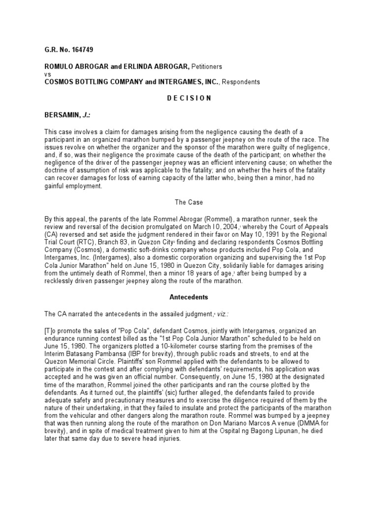 Abrogar and Abrogar vs. Cosmos Bottling Company - GR No. 164749, March ...