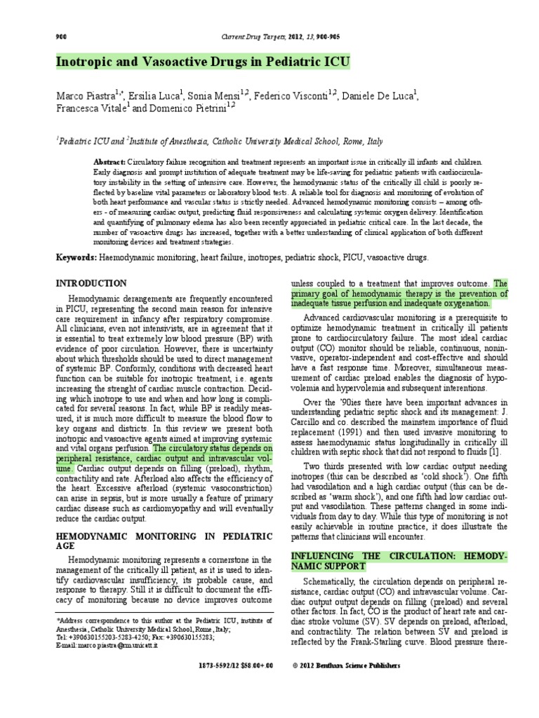 Inotropic and Vasoactive Drugs in Pediatric ICU | PDF | Shock ...