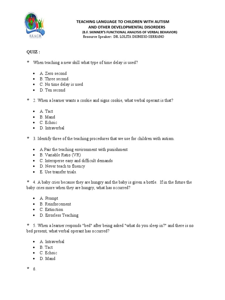Quiz Teaching Language To Children With Autism | PDF | Reinforcement ...
