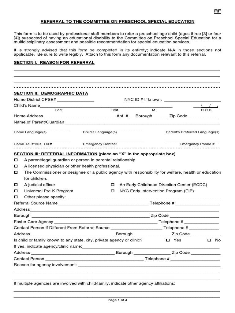 Preschool Special Ed Referral Form | PDF | Individualized Education ...