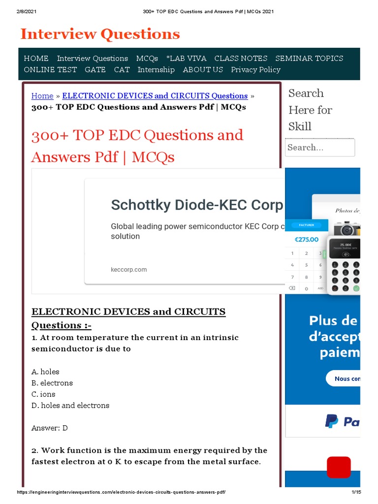 300+ TOP EDC Questions and Answers PDF - MCQs 2021 | PDF | P–N Junction | Bipolar Junction ...