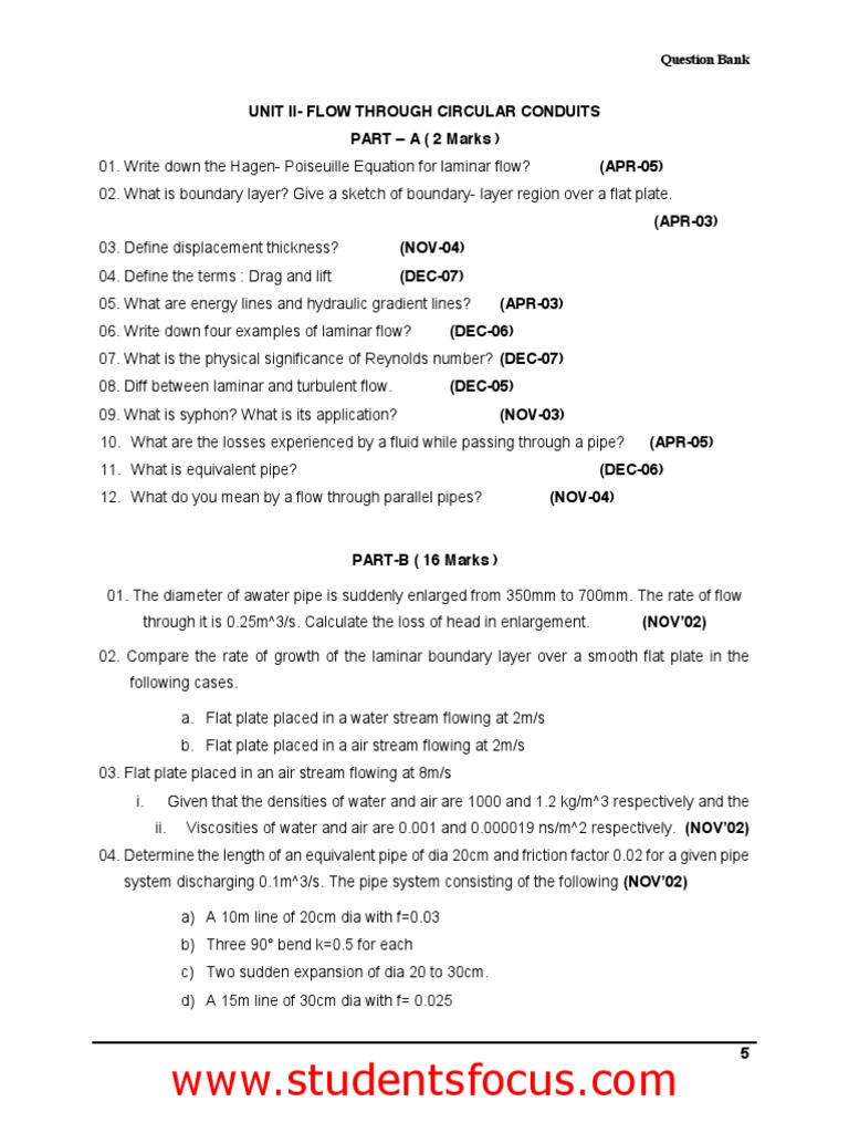 Unit Ii-Flow Through Circular Conduits PART - A (2 Marks) (APR-05) | PDF | Boundary Layer ...