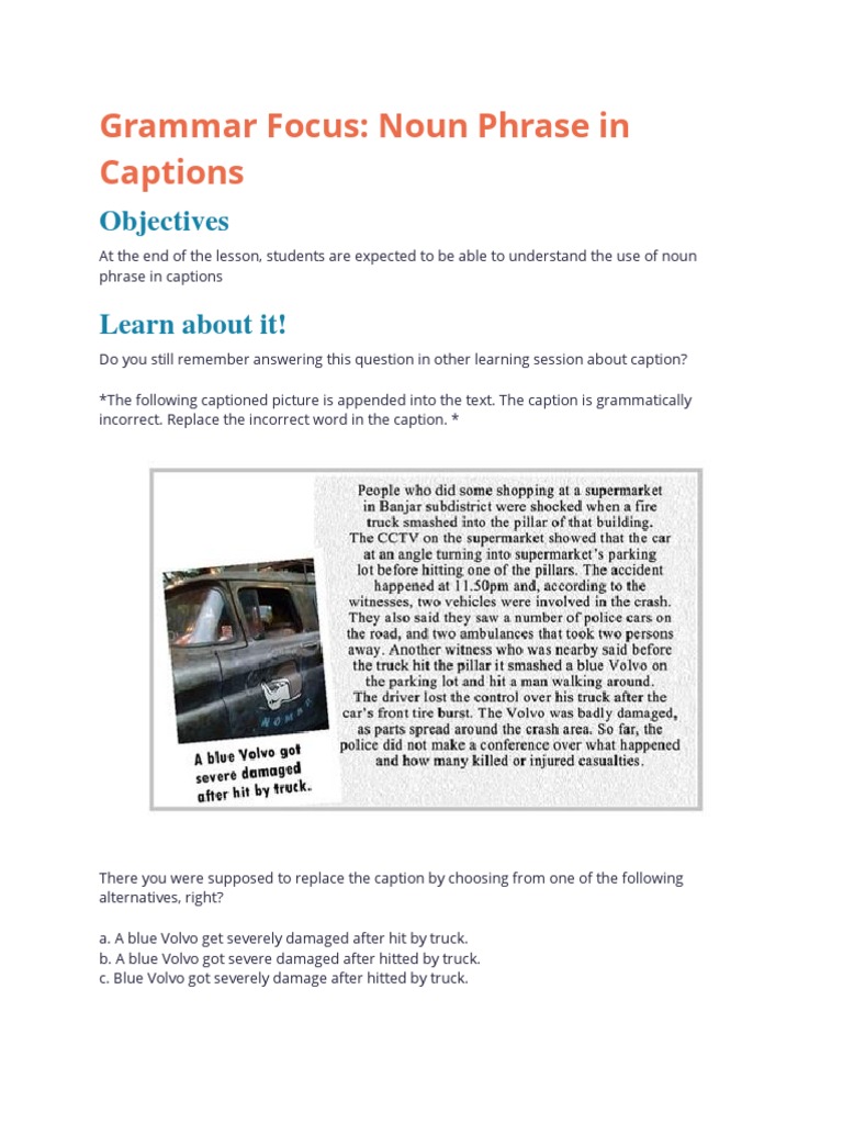 Grammar Focus: Noun Phrase in Captions: Objectives | PDF | Noun | Adjective