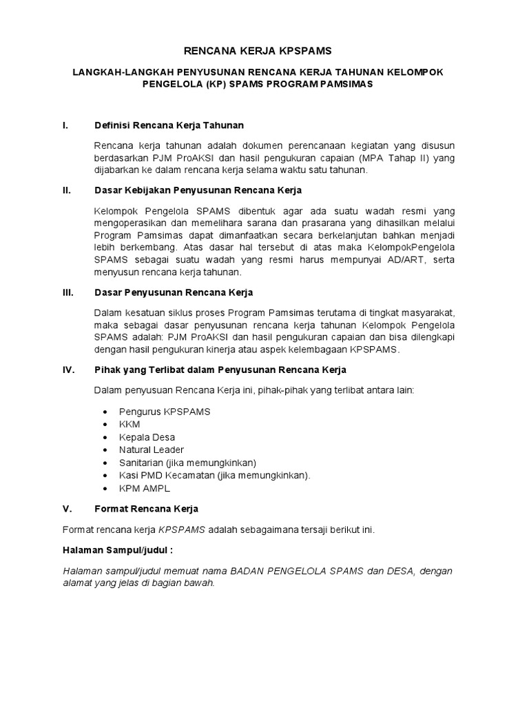 Penjelasan Rencana Kerja KPSPAMS | PDF