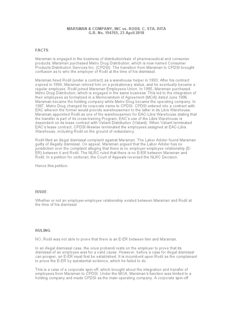 Marsman vs. Sta. Rita: E-ER Dispute | PDF | Payroll | Employment