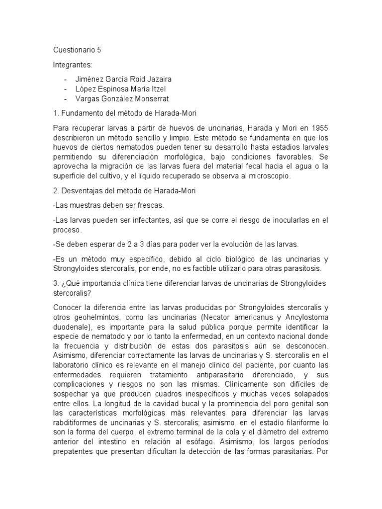Cuestionario Harada Mori Parasitología | PDF | Microbiología | Rtt