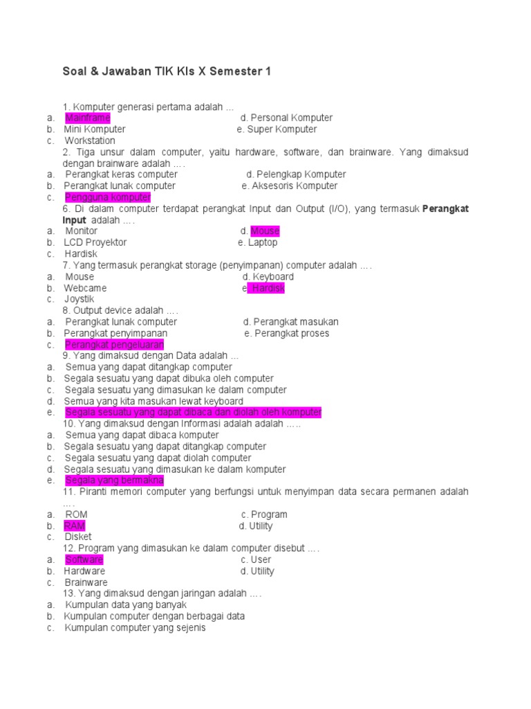 Soal TIK Kelas 10 Semester 1 | PDF