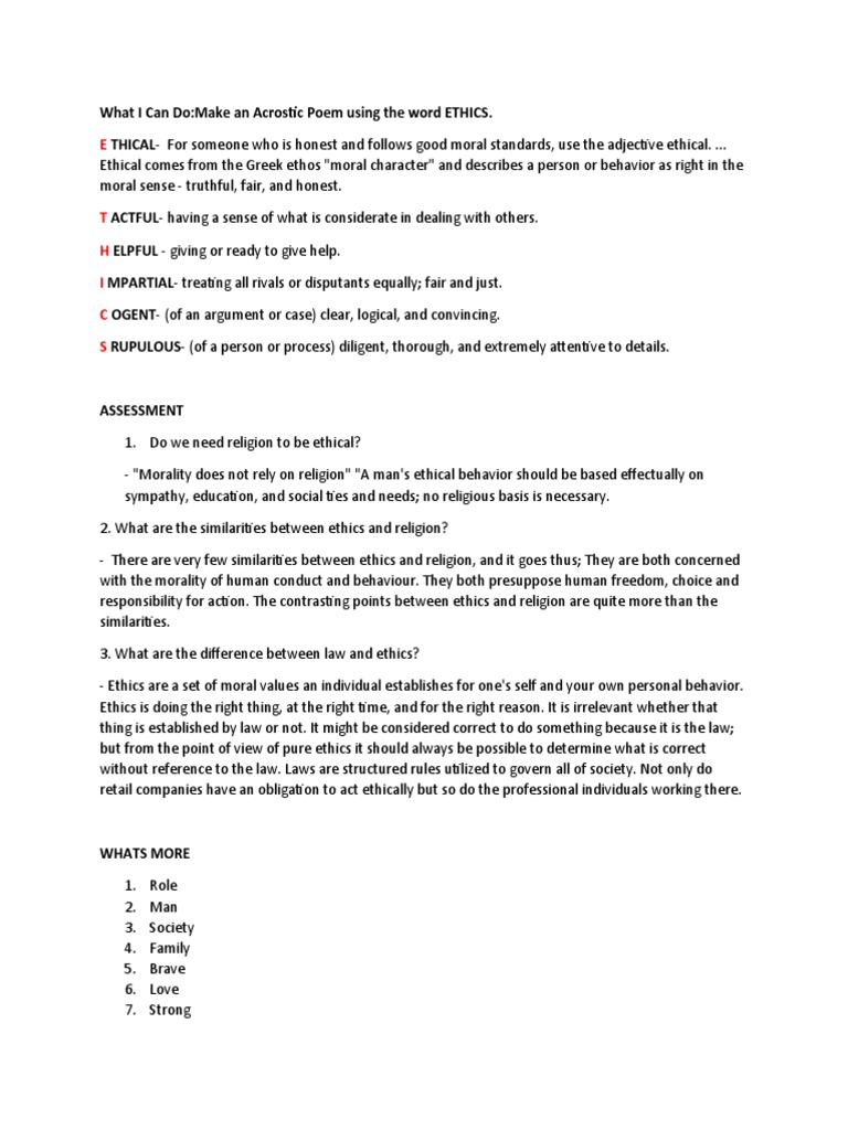 Make an Acrostic Poem using ETHICS | PDF | Morality | Psychological ...