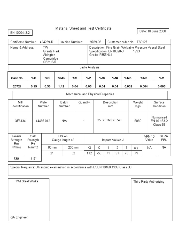 Appendix 4 Material Sheet and Test Certificate | PDF | Materials ...