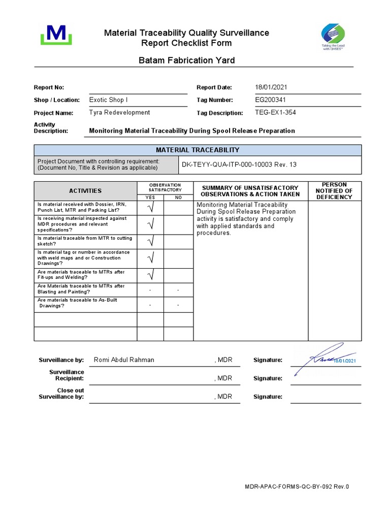Material Traceability Quality Surveillance Report Checklist Form Batam ...