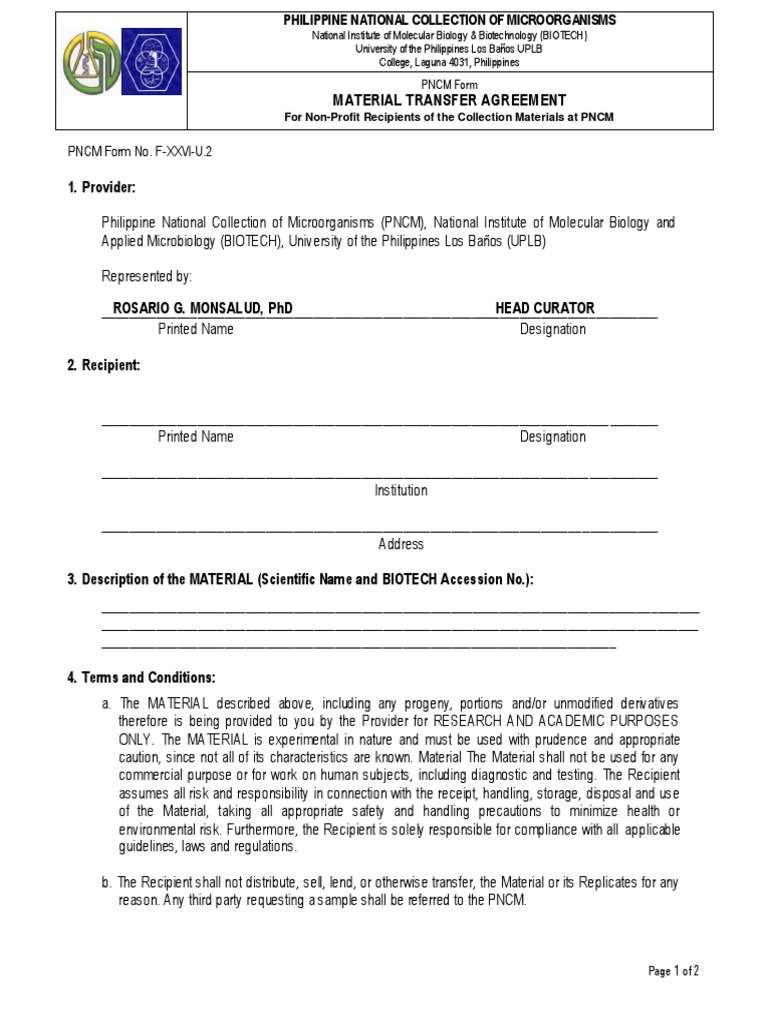 Material Transfer Agreement Form | PDF | Biotechnology | Common Law
