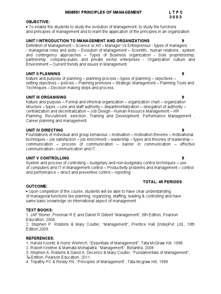 Mg8591 Principles of Management Syllabus | PDF | Motivation | Motivational