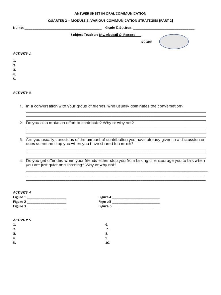 Answer Sheet in Oral Communication Quarter 2 - Module 2: Various ...