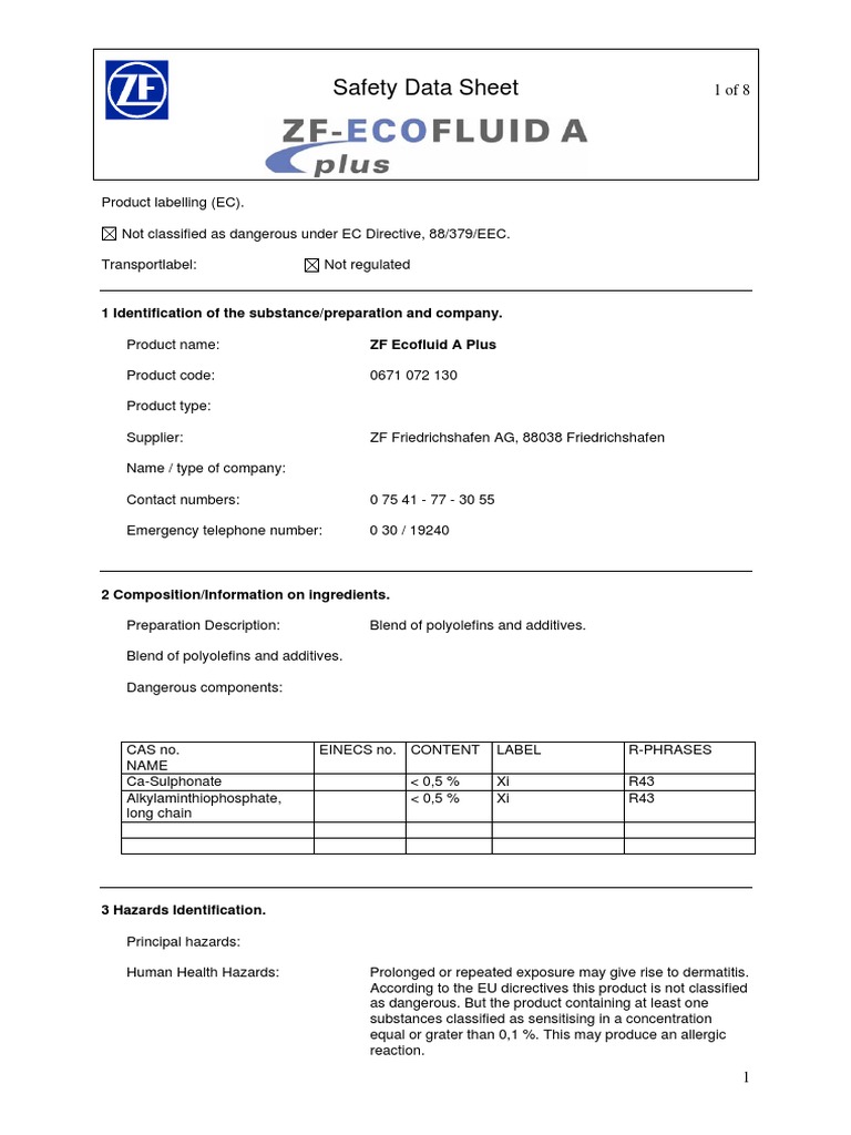 ZF Ecofluid A Plus Safety Overview | PDF | Toxicity | Water