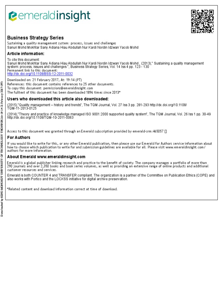 Sustaining A Quality Management System - Process, Issues and Challenges ...