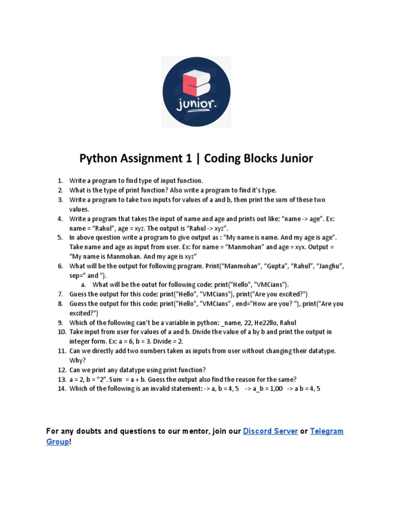 Python Assignment 1 - Coding Blocks Junior | PDF | Computers