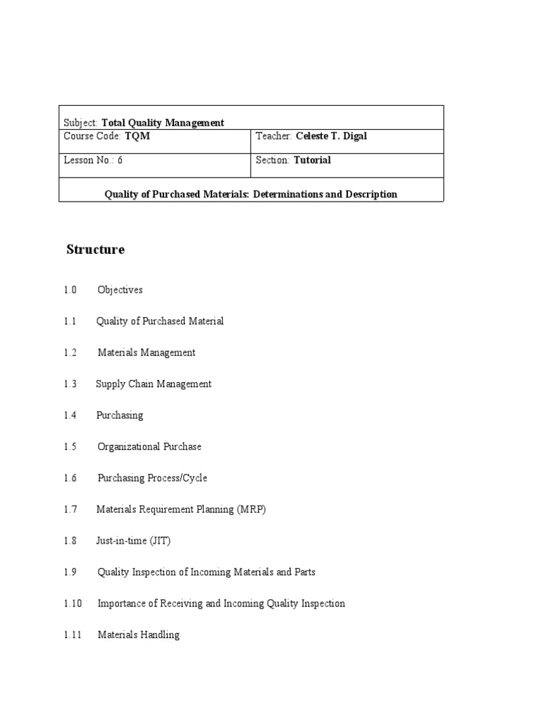 Quality Management of Purchased Materials | PDF | Supply Chain ...
