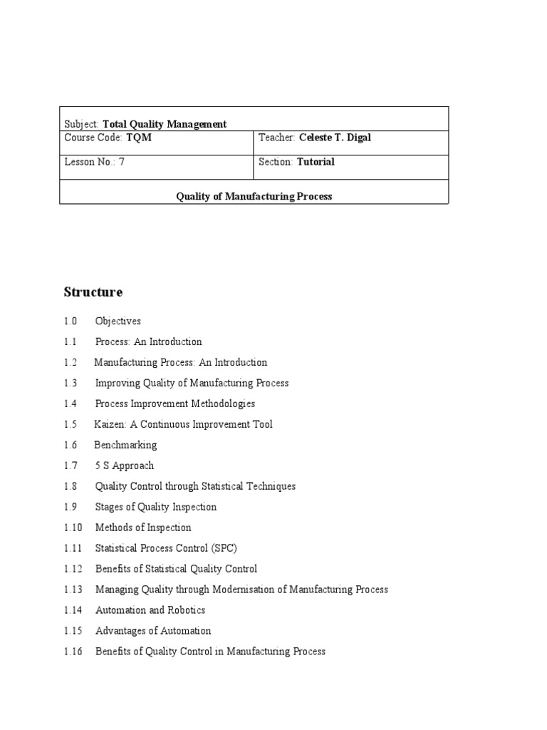 LESSON 7 - Quality of Manufacturing Process | PDF | Automation | Benchmarking