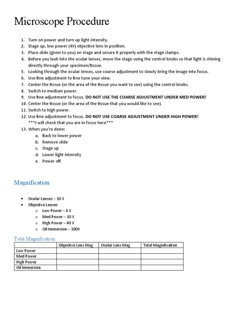 Microscope Procedure: Magnification | PDF