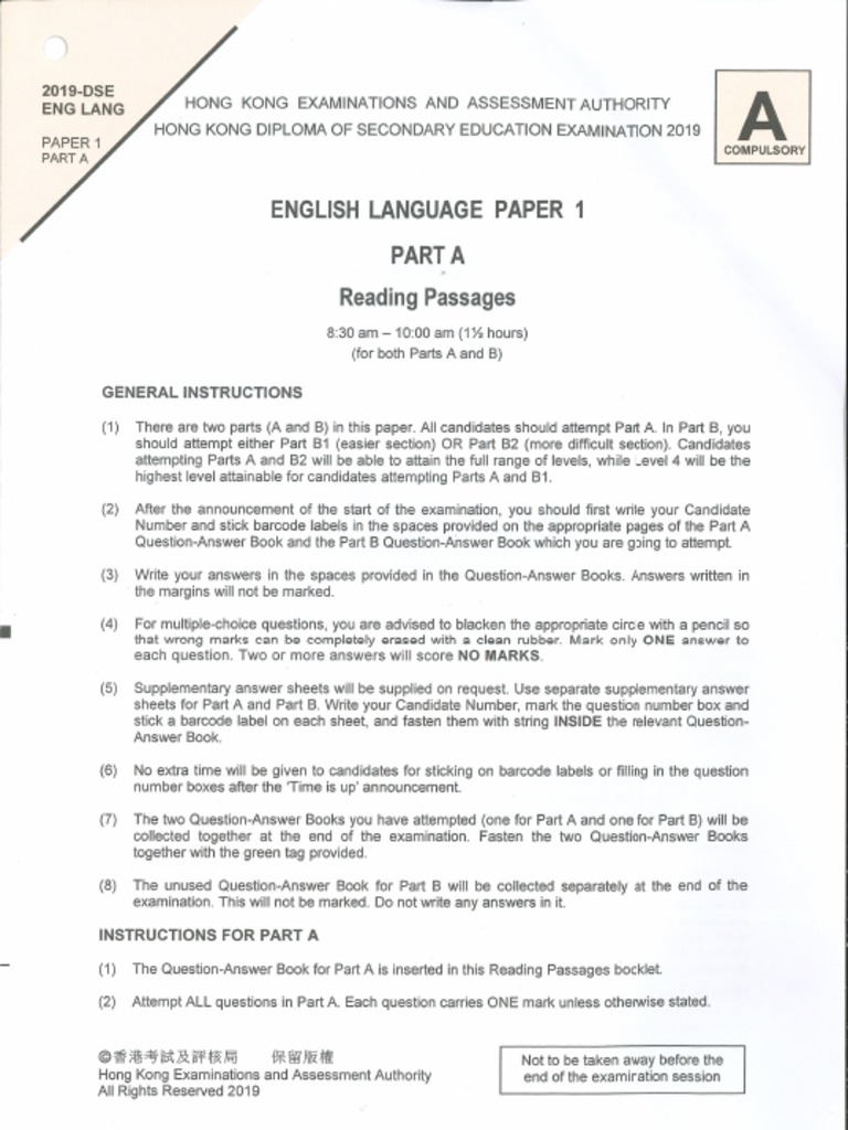 2019 DSE Eng Paper 1 A Reading Passages | PDF